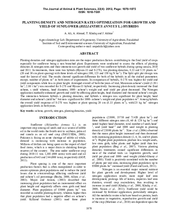 Pdf Planting Density And Nitrogen Rates Optimization For Growth And Yield Of Sunflower
