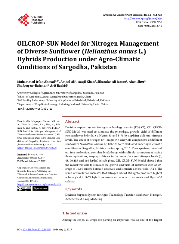 (PDF) OILCROP-SUN Model for Nitrogen Management of Diverse Sunflower ...