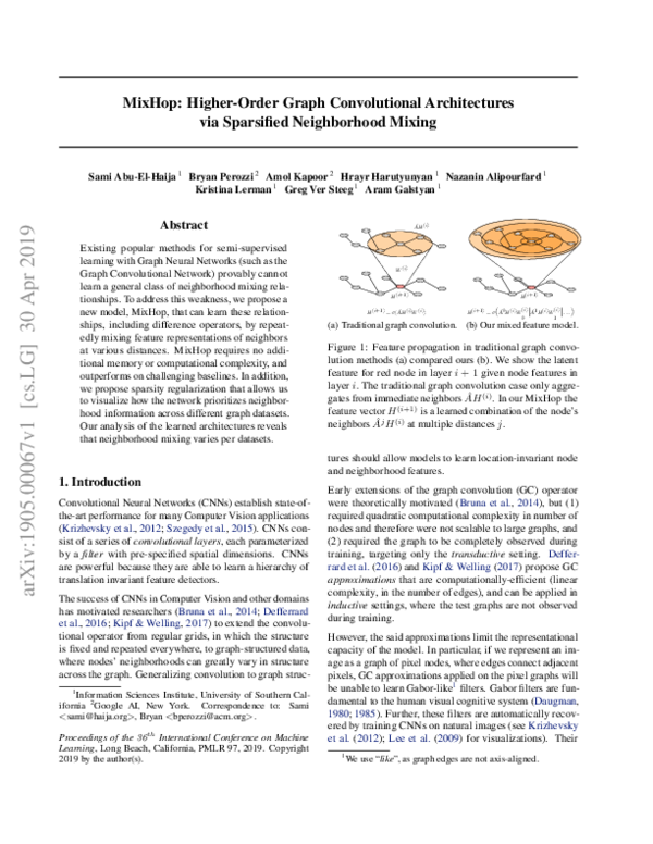 (PDF) MixHop: Higher-Order Graph Convolution Architectures via Sparsified Neighborhood Mixing