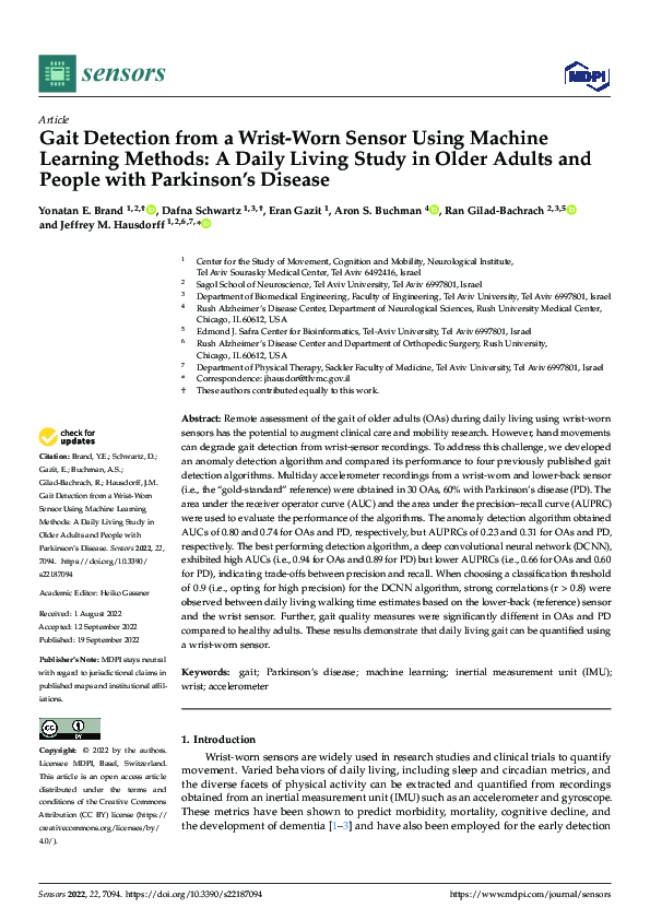 Pdf Gait Detection From A Wrist Worn Sensor Using Machine Learning Methods A Daily Living