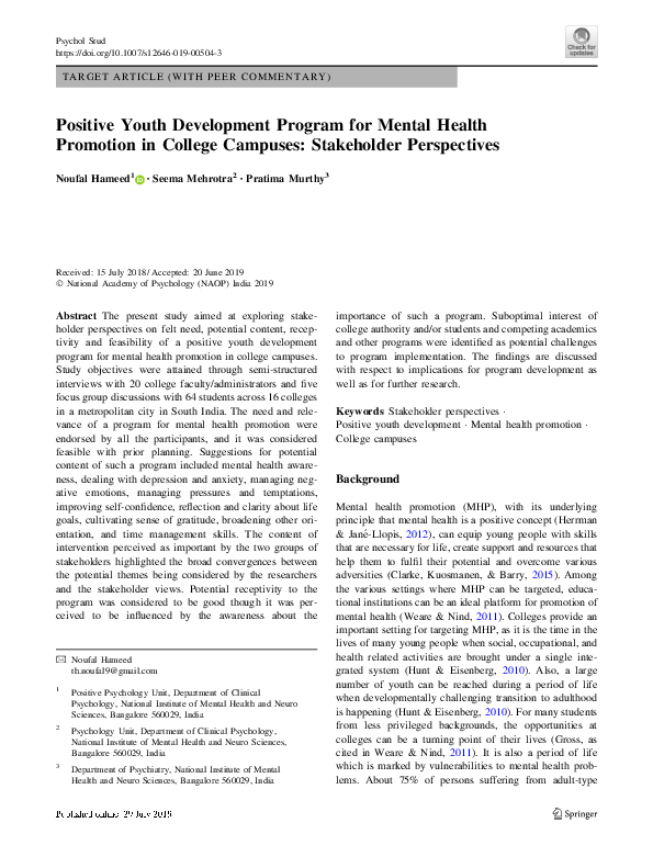 (PDF) Positive Youth Development Program for Mental Health Promotion in ...