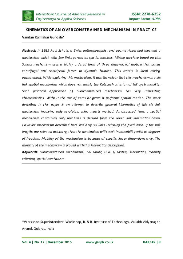 (PDF) Kinematics of an overconstrained mechanism in practice