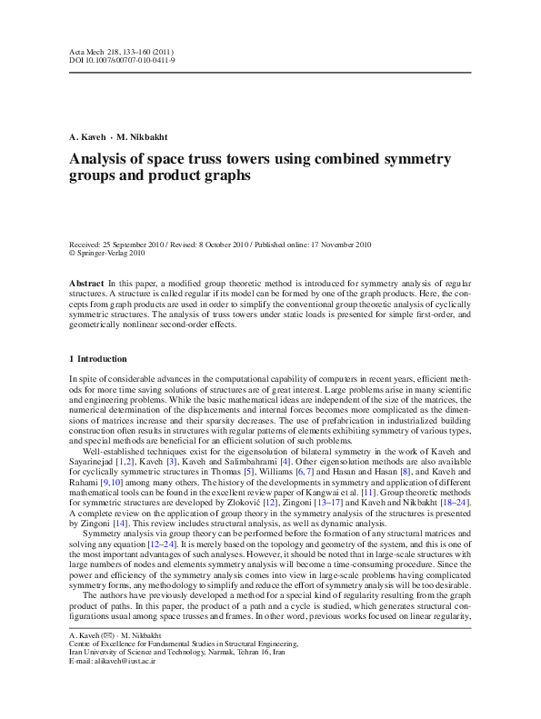 (PDF) Analysis of space truss towers using combined symmetry groups and product graphs | Mazdak ...