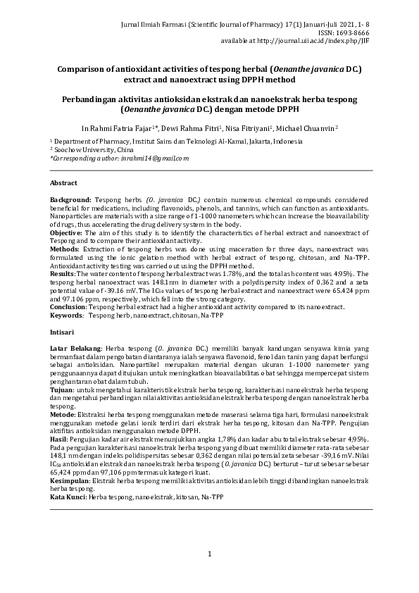 (PDF) Comparison of Antioxidant Activities of Tespong Herbal (Oenanthe ...