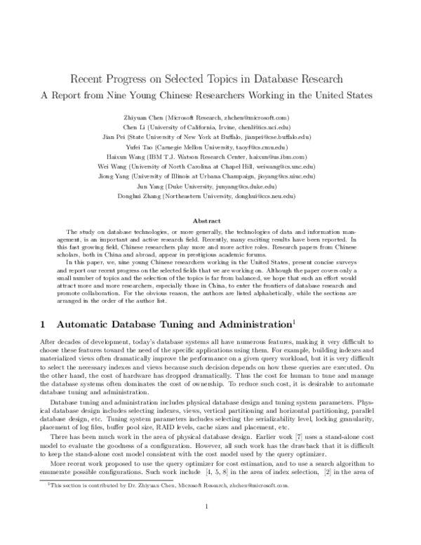 (PDF) Recent progress on selected topics in database research — A ...