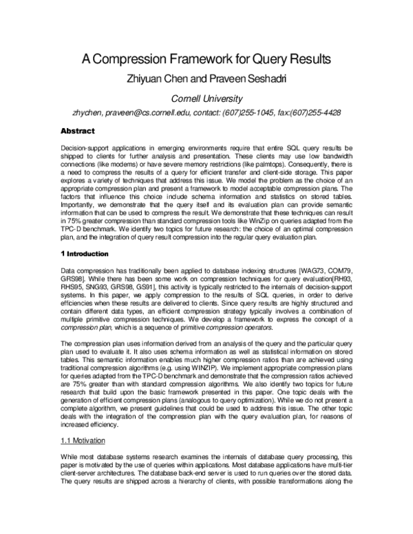 Pdf A Compression Framework For Query Results Zhiyuan Chen 