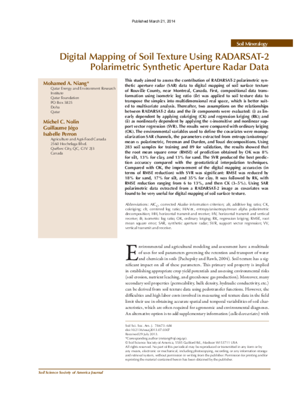 (PDF) Digital Mapping of Soil Texture Using RADARSAT-2 Polarimetric Synthetic Aperture Radar Data