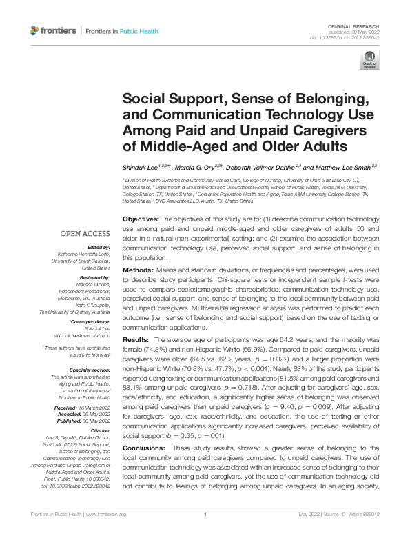 (PDF) Social Support, Sense of Belonging, and Communication Technology ...