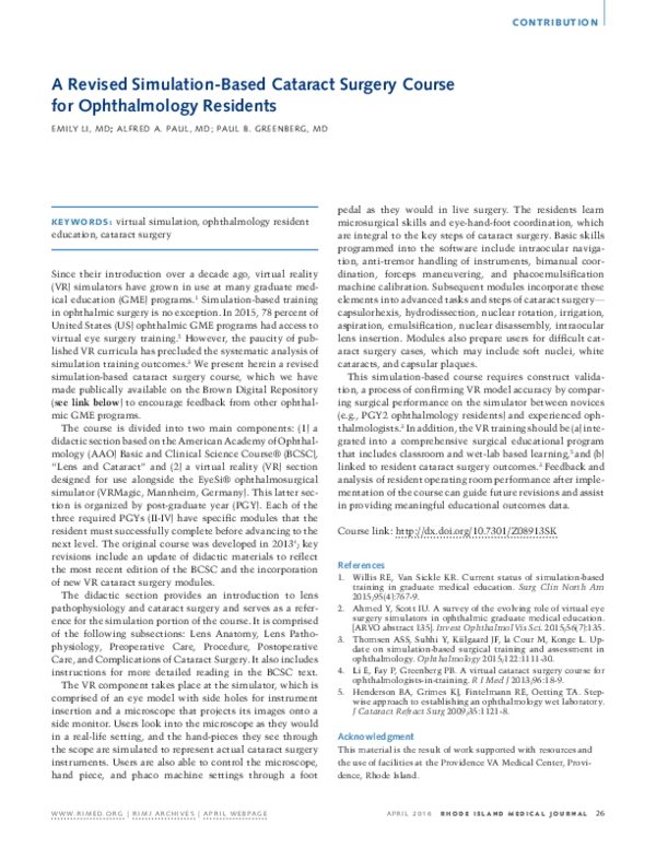 (PDF) A Revised Simulation-Based Cataract Surgery Course for ...