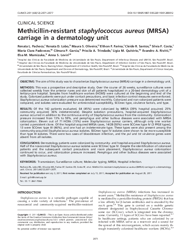 (PDF) Methicillin-resistant Staphylococcus aureus (MRSA) carriage in a dermatology unit ...