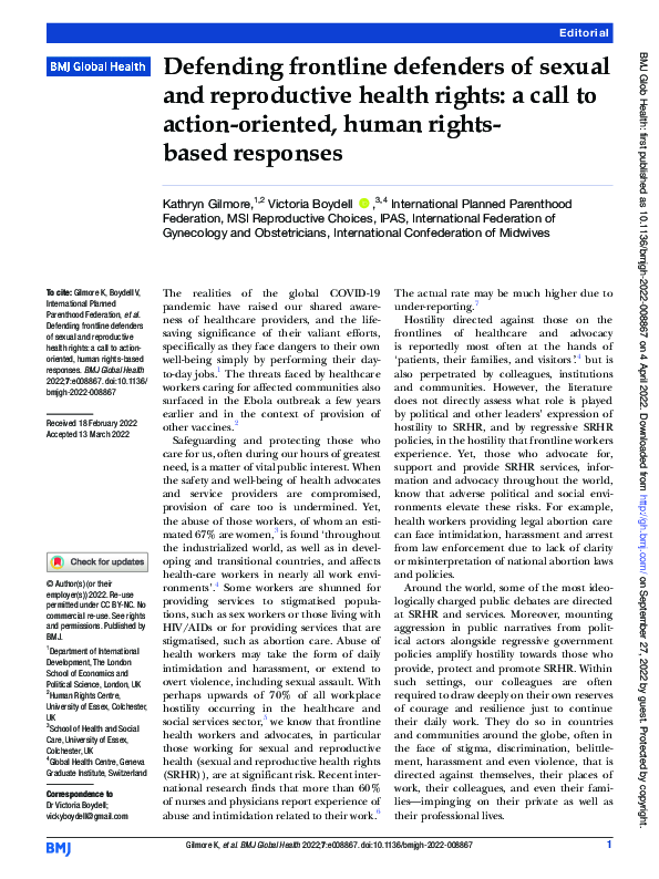 (PDF) Defending frontline defenders of sexual and reproductive health ...