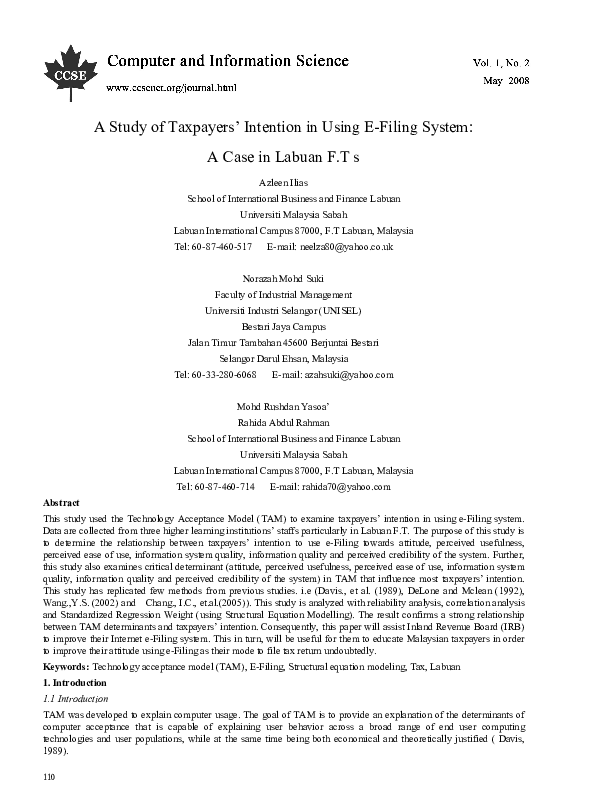 (PDF) A Study of Taxpayers’ Intention in Using E-Filing System: A Case ...