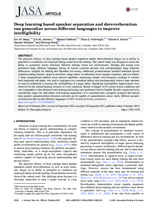 (PDF) Deep learning based speaker separation and dereverberation can generalize across different ...