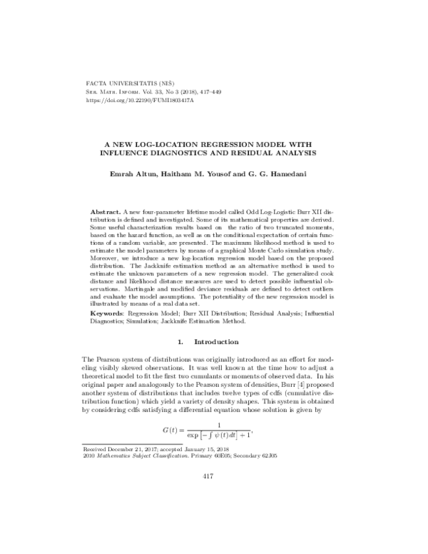 Pdf A New Log Location Regression Model Estimation Influence Diagnostics And Residual Analysis