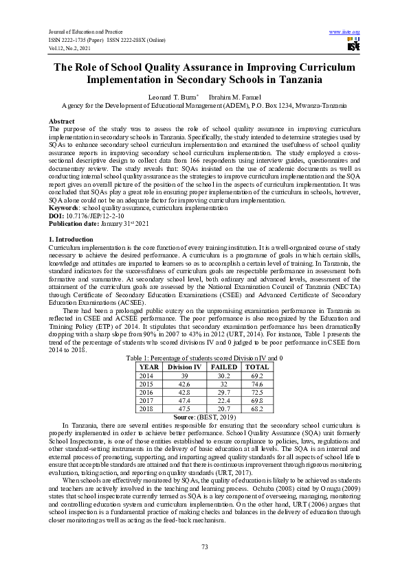 (PDF) The Role of School Quality Assurance in Improving Curriculum Implementation in Secondary ...