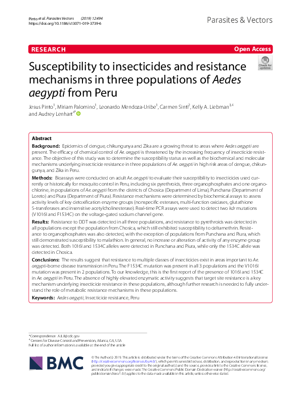 (PDF) Susceptibility to insecticides and resistance mechanisms in Aedes aegypti from the ...
