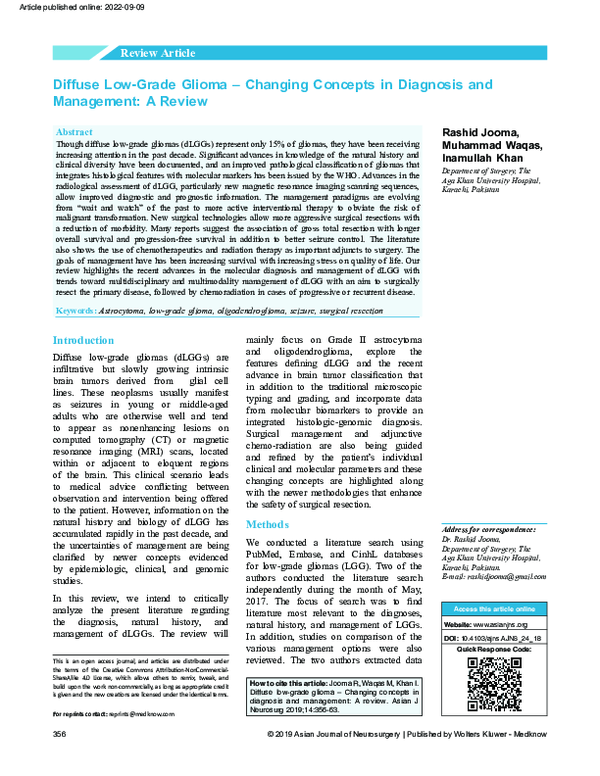 (PDF) Diffuse low-grade glioma – Changing concepts in diagnosis and ...