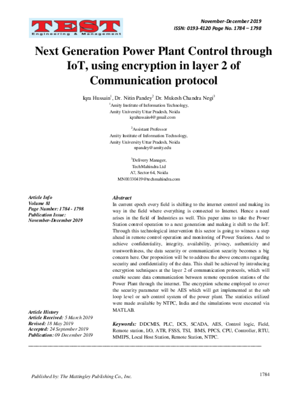 (PDF) Next Generation Power Plant Control through IoT, using encryption ...