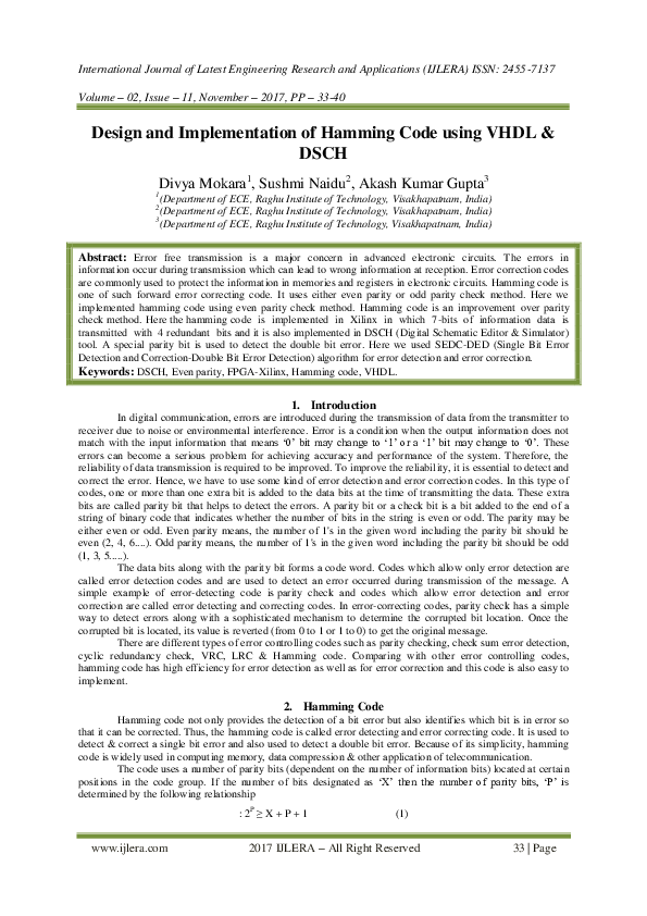 (PDF) Design and Implementation of Hamming Code using VHDL & DSCH | divya mokara - Academia.edu