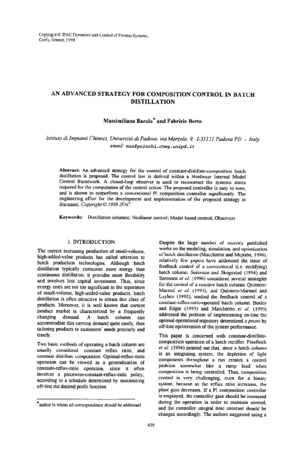 (PDF) An Advanced Strategy for Composition Control in Batch Distillation