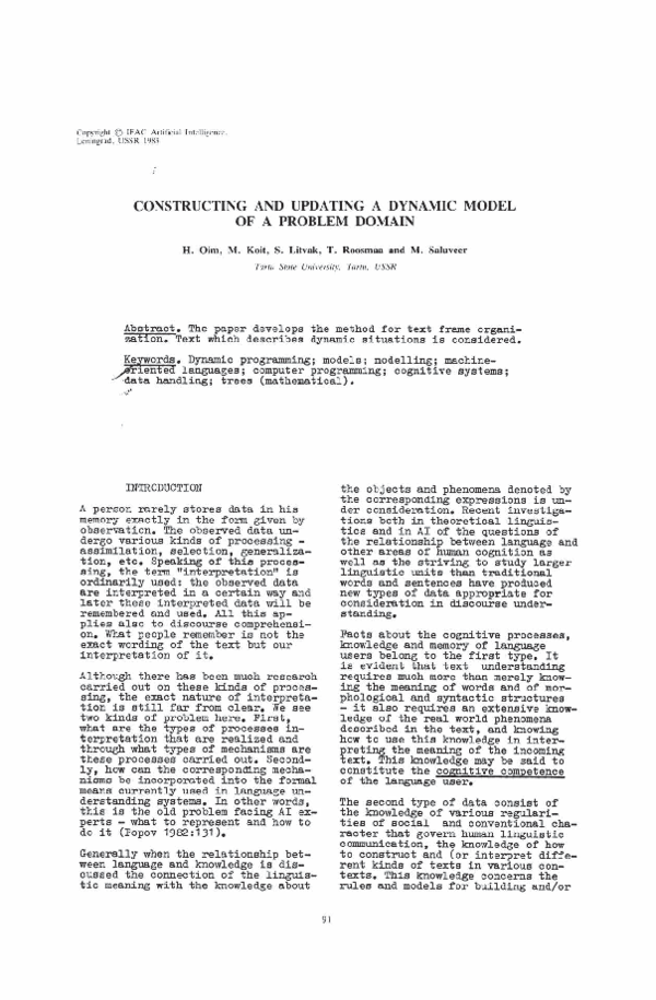 (PDF) Constructing and Updating a Dynamic Model of a Problem Domain