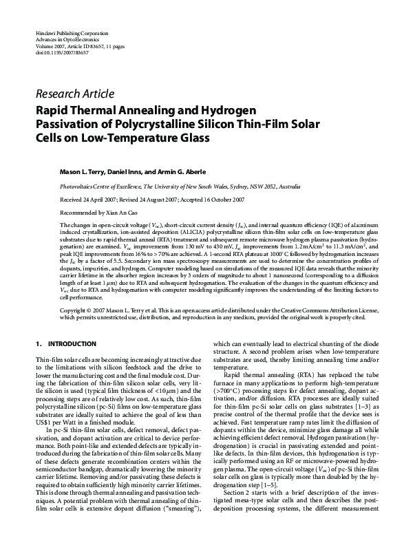 (PDF) Rapid Thermal Annealing and Hydrogen Passivation of Polycrystalline Silicon Thin-Film ...