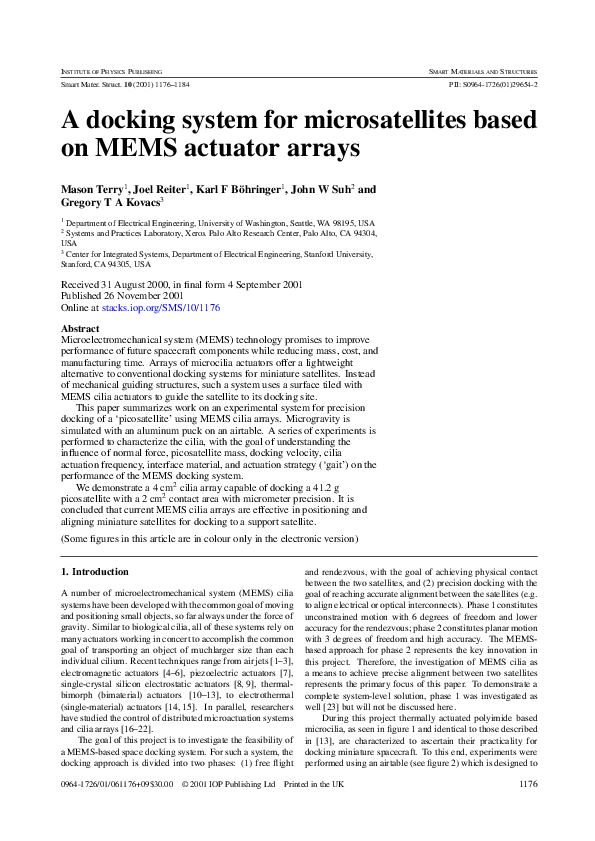 Pdf A Docking System For Microsatellites Based On Mems Actuator Arrays