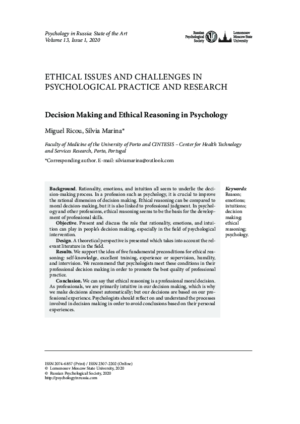 (PDF) Decision Making and Ethical Reasoning in Psychology