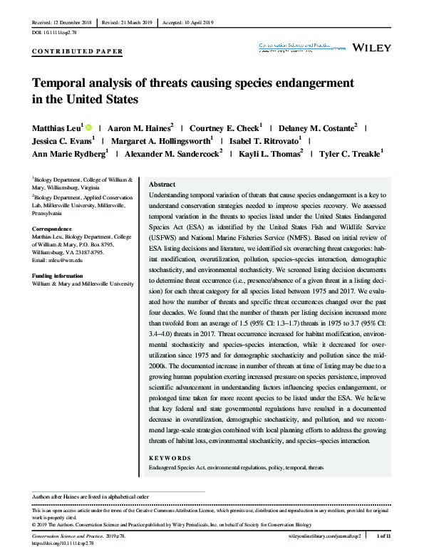 (PDF) Temporal analysis of threats causing species endangerment in the ...