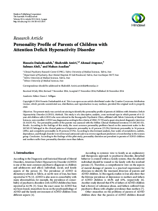 (PDF) Personality Profile of Parents of Children with Attention Deficit ...