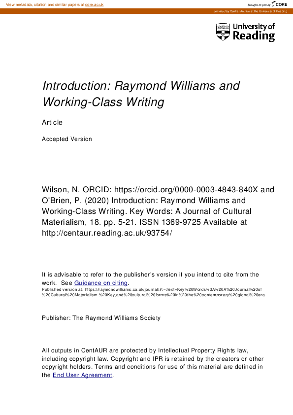 (PDF) Introduction: Raymond Williams and Working-Class Writing