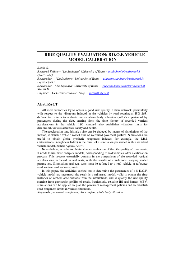 (PDF) Ride quality evaluation: 8 dof vehicle model calibration