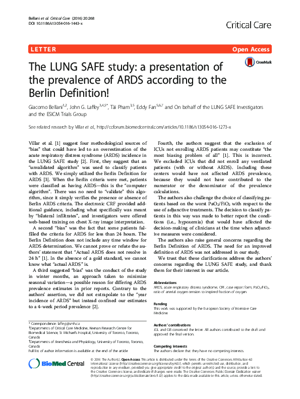 (PDF) The LUNG SAFE study: a presentation of the prevalence of ARDS ...