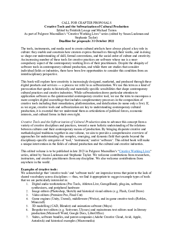(PDF) CALL FOR CHAPTER PROPOSALS: Creative Tools and the Softwarization of Cultural Production ...