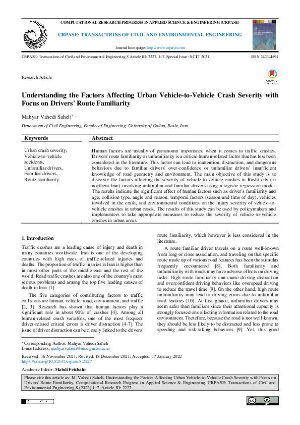 Pdf Understanding The Factors Affecting Urban Vehicle To Vehicle Crash Severity With Focus On