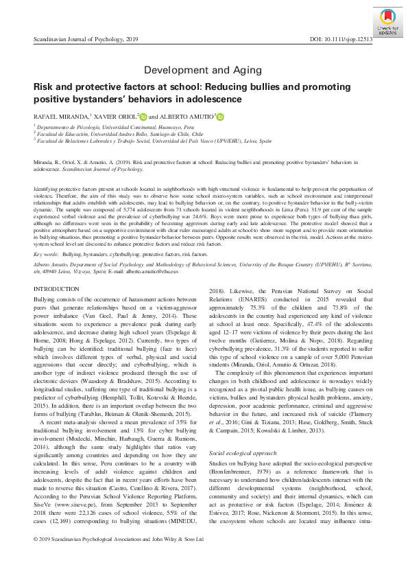 (PDF) Risk and protective factors at school: Reducing bullies and promoting positive bystanders ...