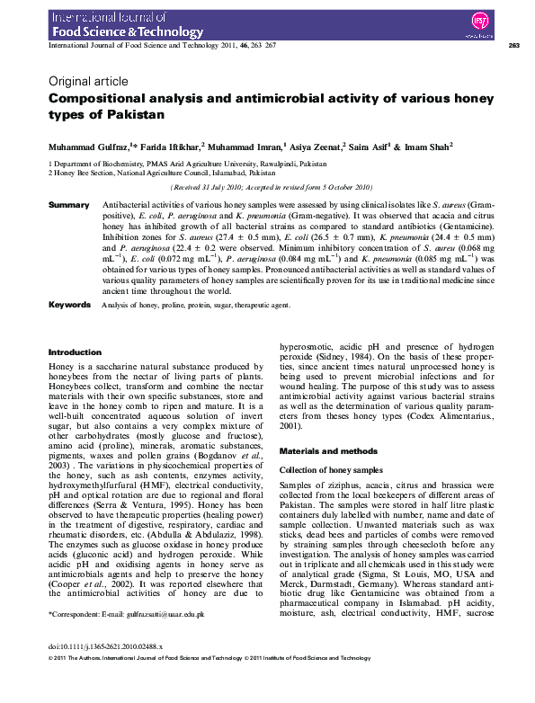 (PDF) Compositional analysis and antimicrobial activity of various honey types of Pakistan