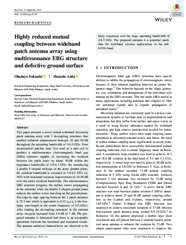 Pdf Highly Reduced Mutual Coupling Between Wideband Patch Antenna Array Using Multiresonance