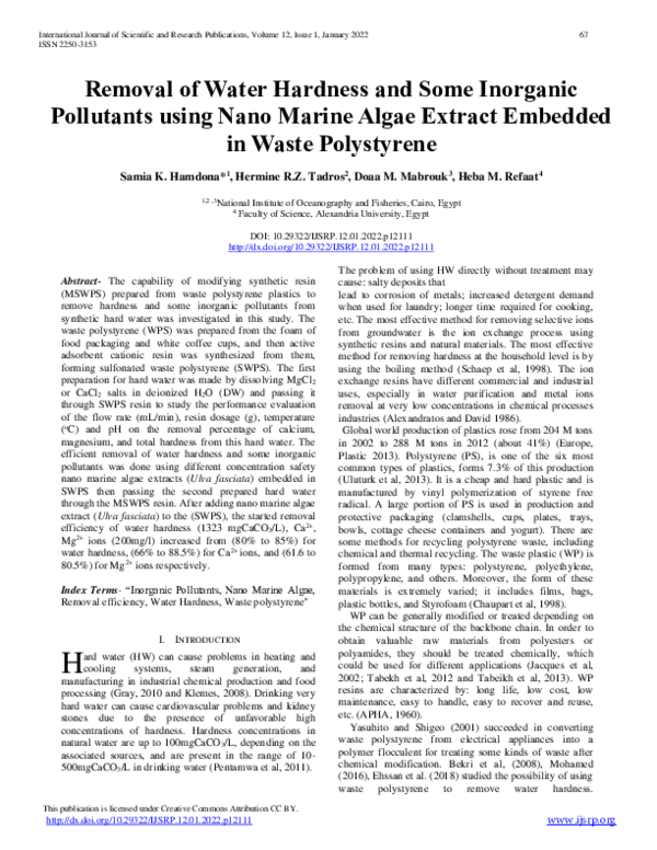 (PDF) Removal of Water Hardness and Some Inorganic Pollutants using ...