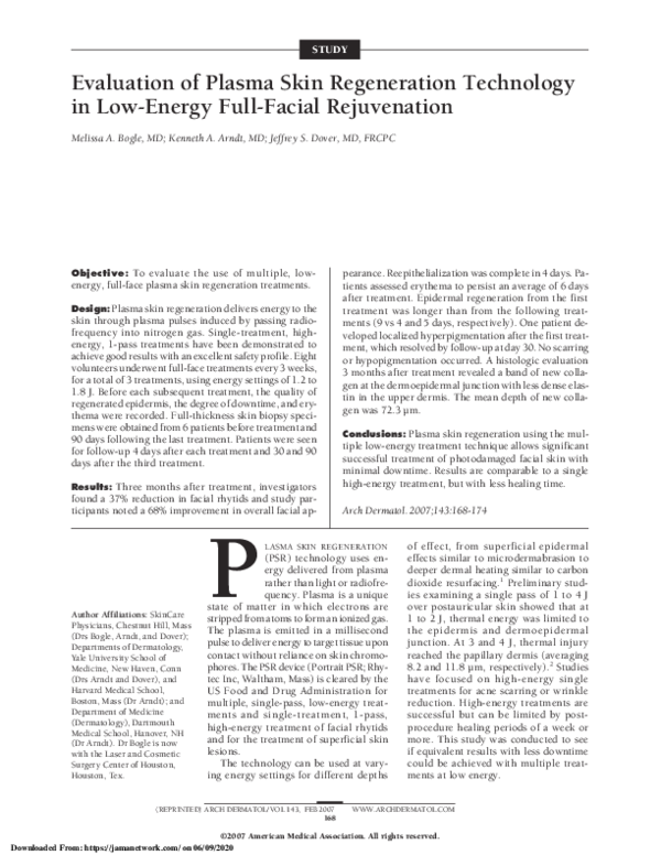 (PDF) Evaluation of Plasma Skin Regeneration Technology in Low-Energy ...
