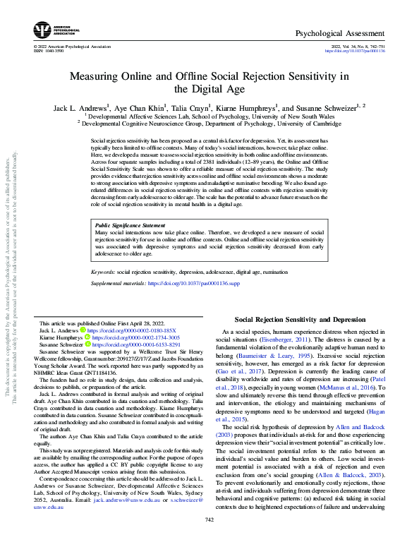 (PDF) Measuring Online and Offline Social Rejection Sensitivity in the ...