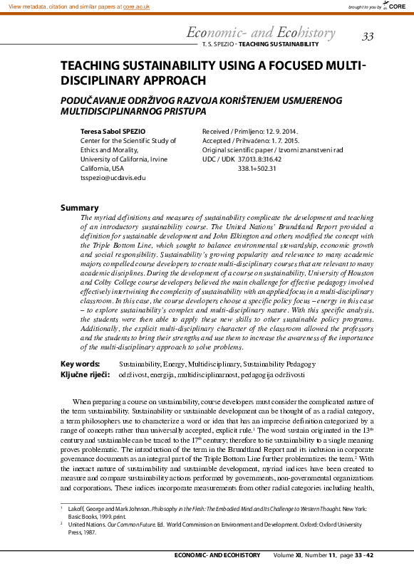 (PDF) Teaching Sustainability Using a Focused Multi-disciplinary Approach