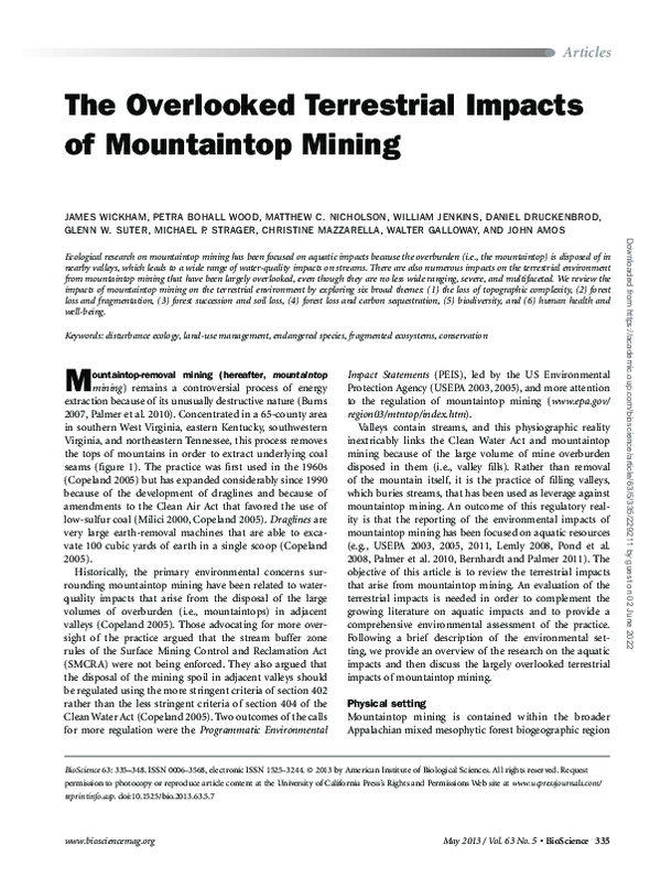 (PDF) The Overlooked Terrestrial Impacts of Mountaintop Mining