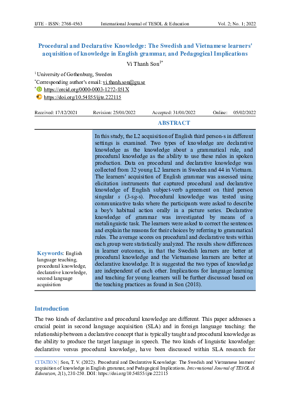 (PDF) Procedural and Declarative Knowledge: The Swedish and Vietnamese learners' acquisition of ...