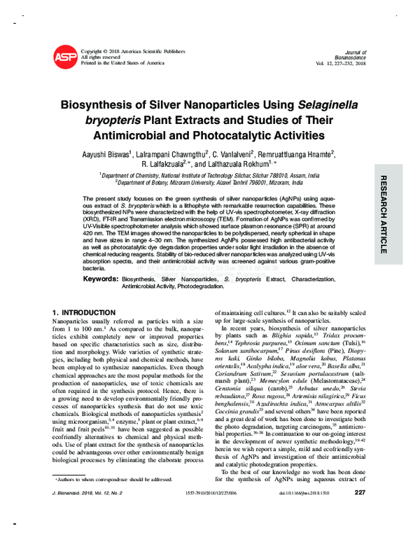 (PDF) Biosynthesis of Silver Nanoparticles Using Selaginella bryopteris Plant Extracts and ...