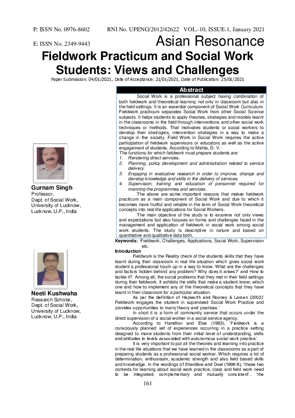 (PDF) Fieldwork Practicum and Social Work Students: Views and Challenges