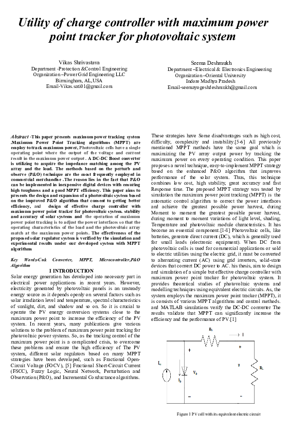 (PDF) Utility of charge controller with maximum power point tracker for photovoltaic system
