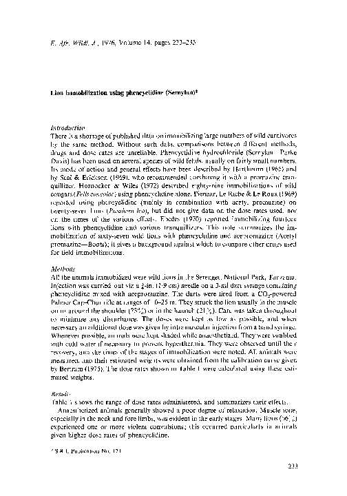(PDF) Lion immobilization using phencyclidine (Sernylan)