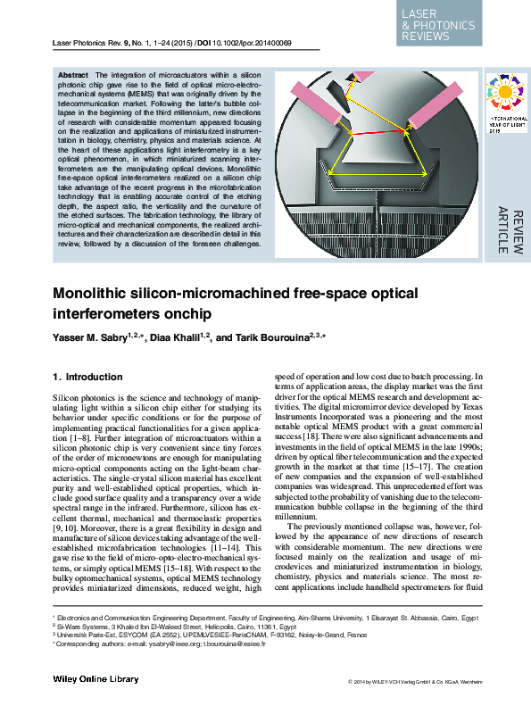 (PDF) Monolithic silicon-micromachined free-space optical interferometers onchip | T. Bourouina ...