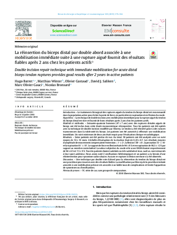 (PDF) La réinsertion du biceps distal par double abord associée à une ...
